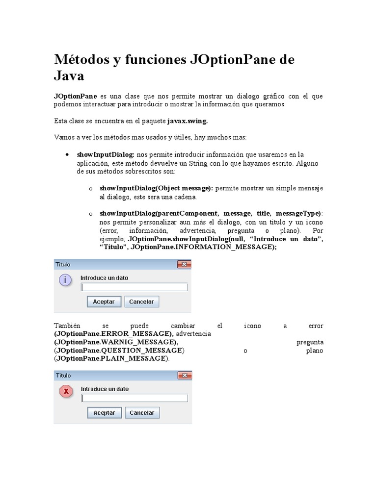009 Métodos y Funciones JOptionPane de Java | PDF | Java (lenguaje de ...