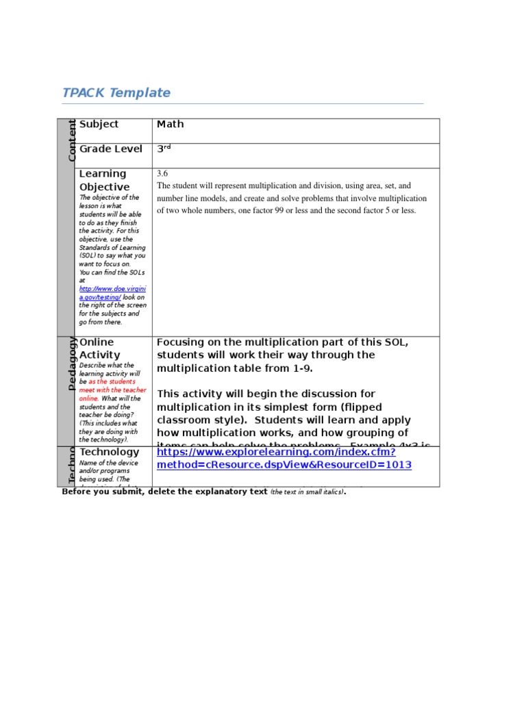 3rd Grade Math TPACK Template | PDF
