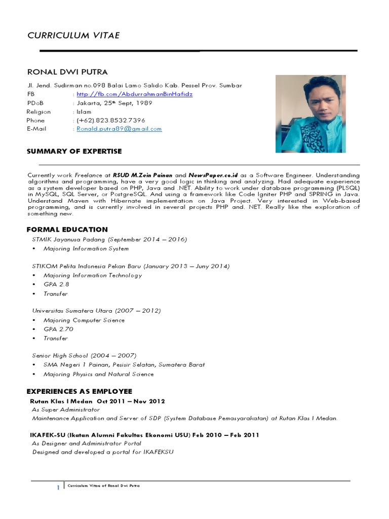 Curriculum Vitae: Ronal Dwi Putra | PDF | Application Software | Web Application
