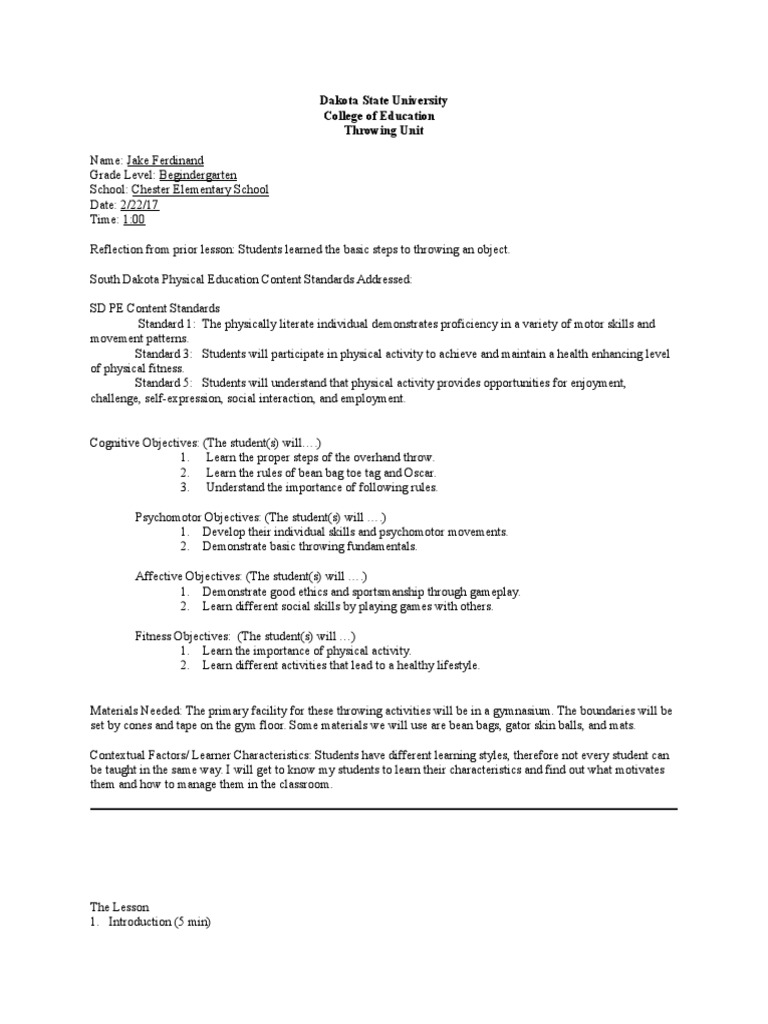 Throwing Lesson Plan | PDF | Quality Of Life | Sharing