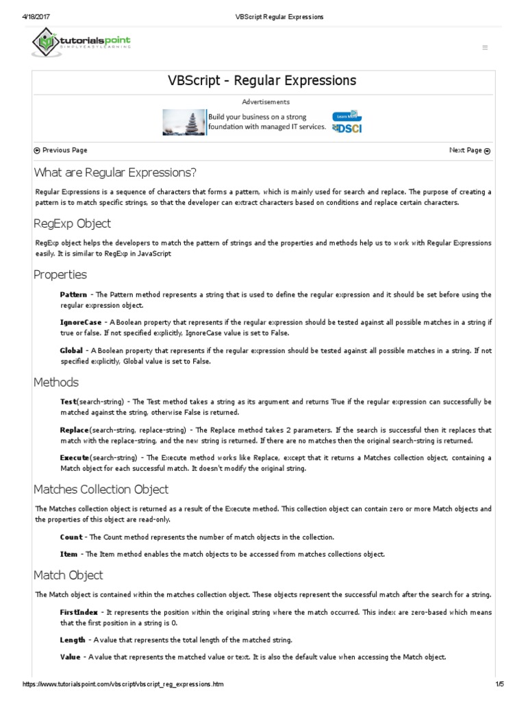 Vbscript Regular Expressions Documentation Pdf Regular Expression String Computer Science 1906
