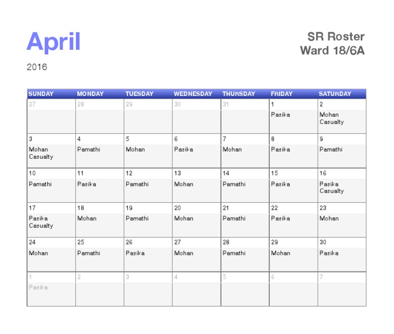 April Roster | PDF | Sports | Leisure
