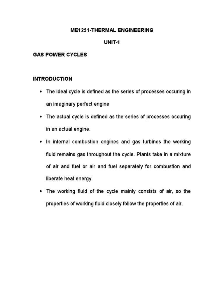 ME1251-THERMAL ENGINEERING UNIT-1 GAS POWER CYCLES | PDF | Internal Combustion Engine | Propulsion