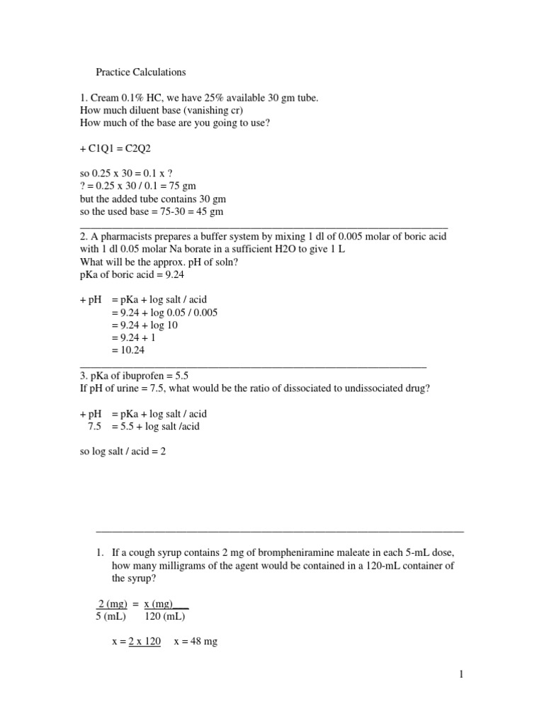 Practice Calculations 2012 | PDF | Mass Concentration (Chemistry) | Ounce