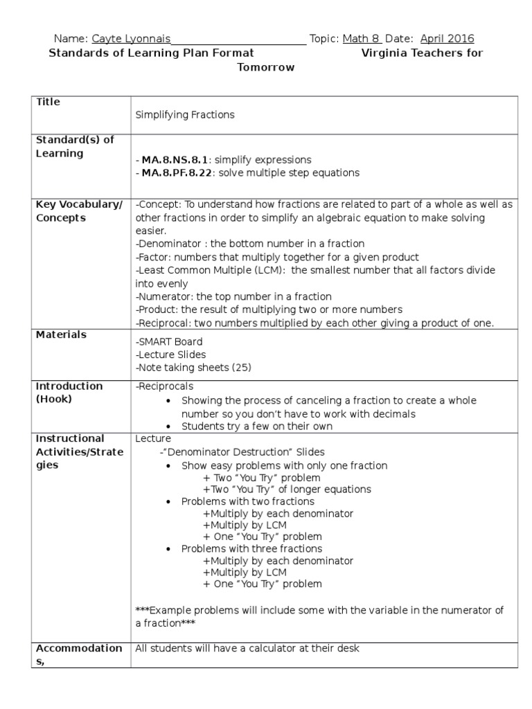 Standards of Learning Plan Format Virginia Teachers For Tomorrow | PDF ...