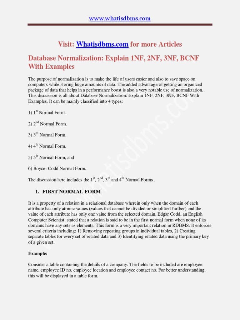 Database Normalization Explain 1nf 2nf 3nf Bcnf With Examples Pdf Pdf