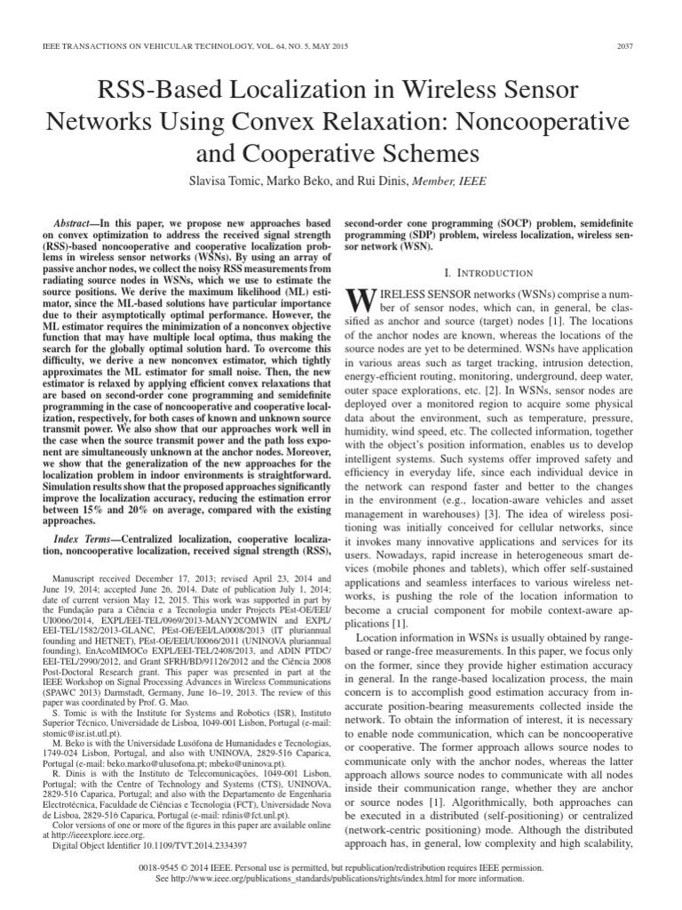 RSS-Based Localization in Wireless Sensor Networks Using Convex Relaxation: Noncooperative and ...