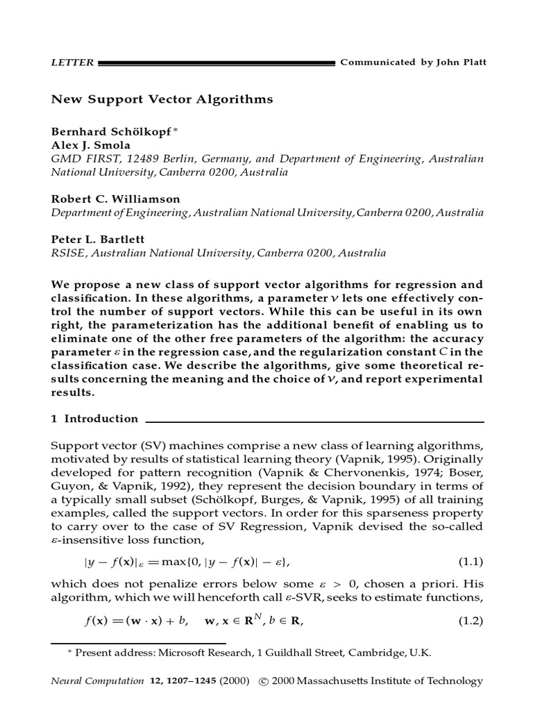 New Support Vector Algorithms: Letter | PDF | Robust Statistics | Regression Analysis