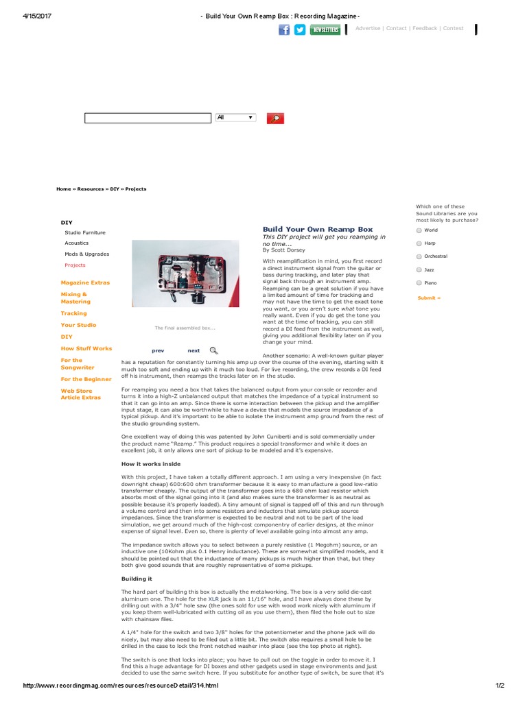 Build Your Own Reamp Box - Recording Magazine | PDF | Amplifier | Sound ...