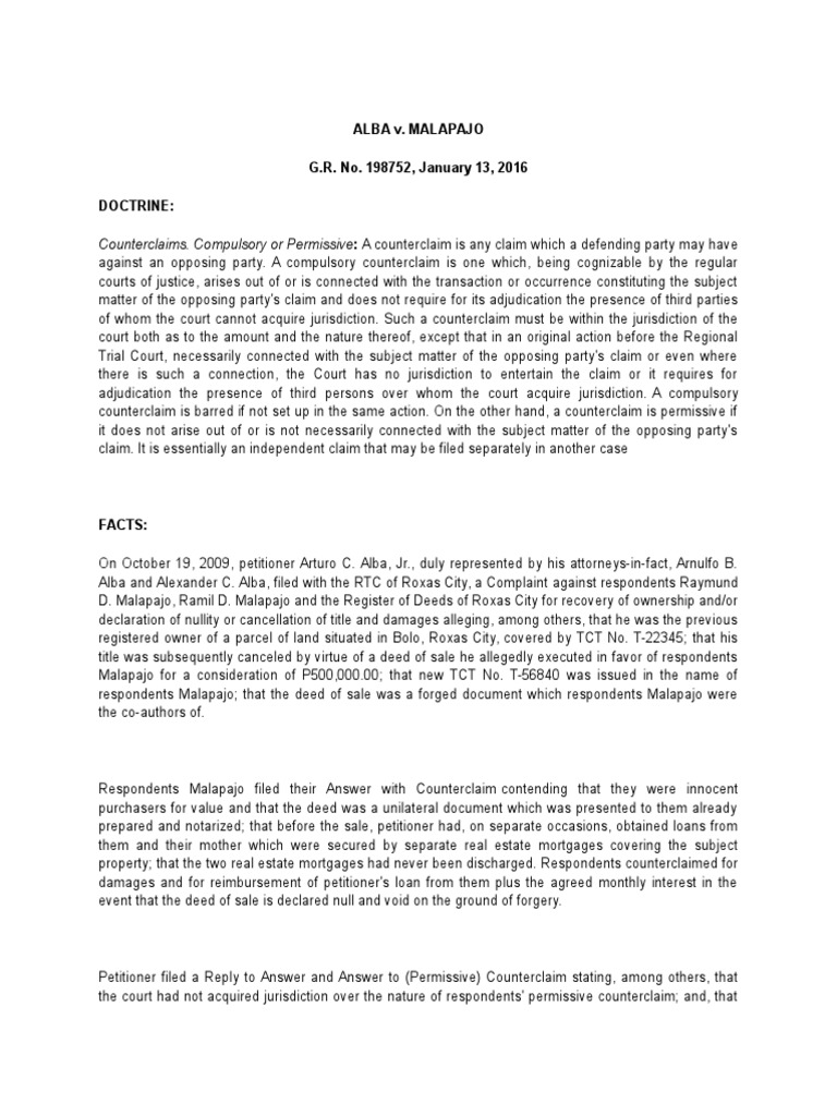 Alba V. Malapajo G.R. No. 198752, January 13, 2016 Doctrine | Download ...