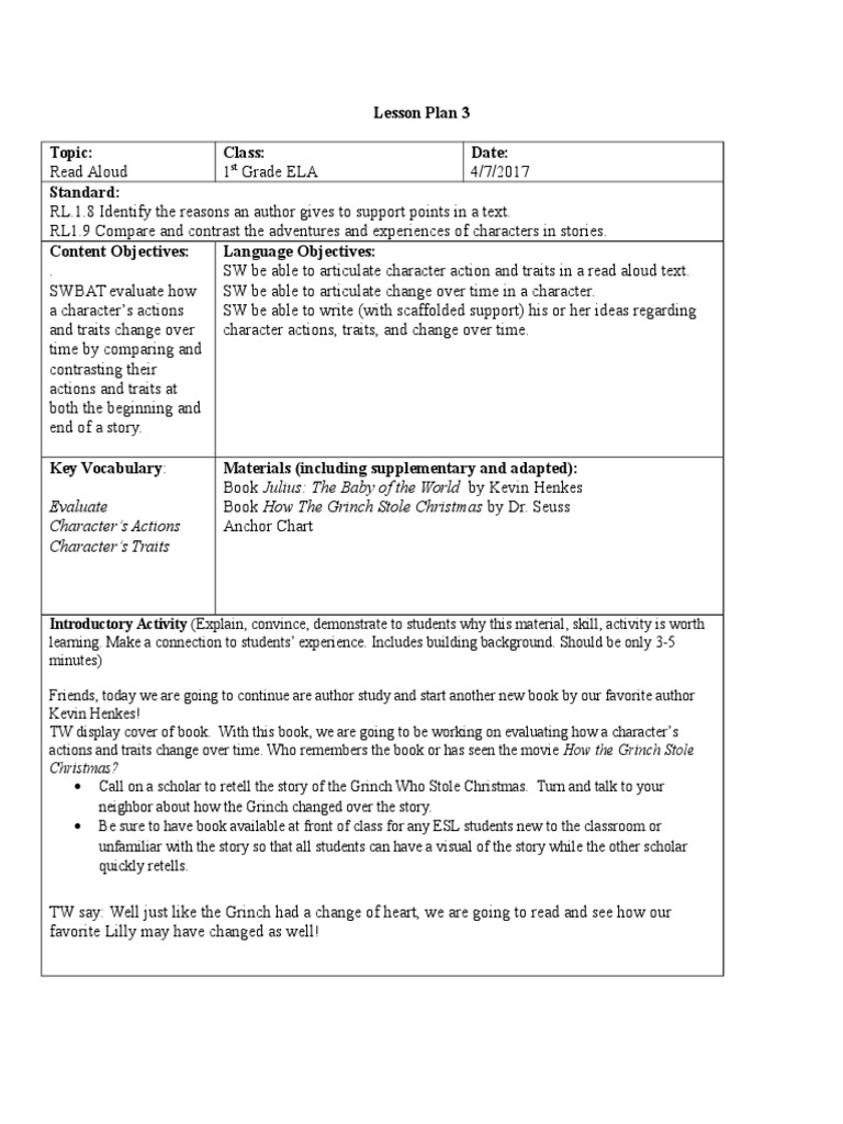 Lesson Plan 3 Topic: Class: Date: Standard:: Evaluate Character's ...
