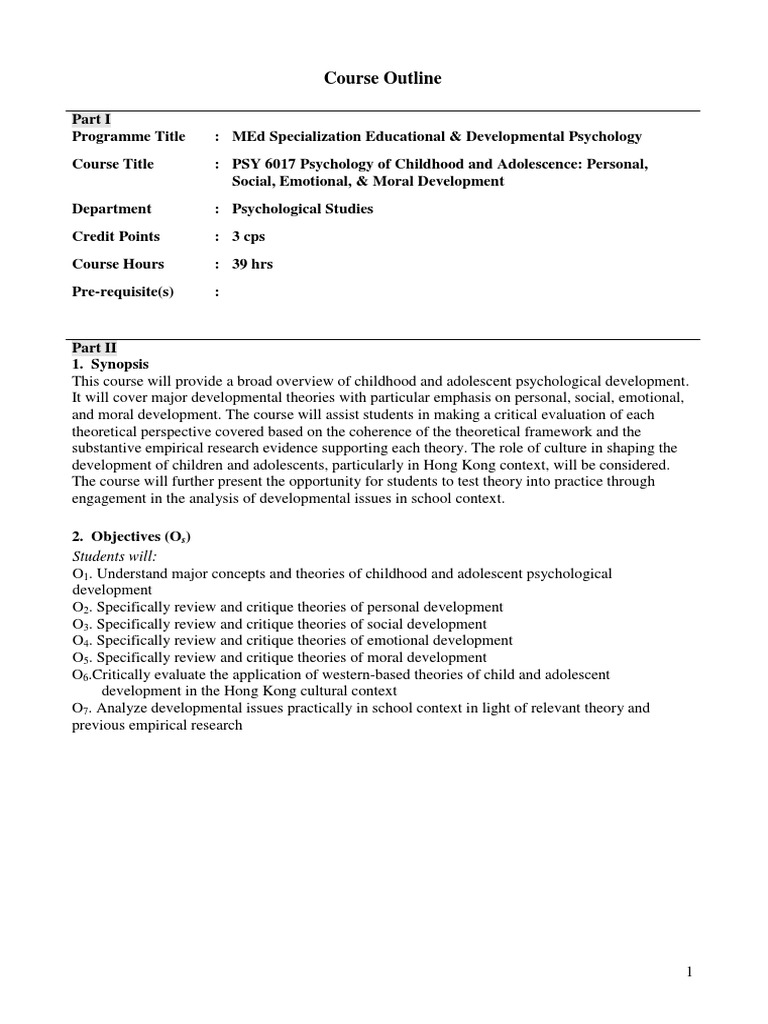 PSY6017 Outline Psychology of Childhood and Adolescence Personal Social ...