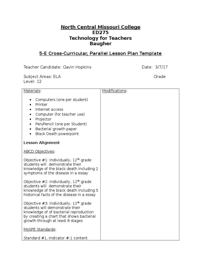 Ed275 5-E Cross Curricular Parallel Lesson Plan Template 2 | PDF ...
