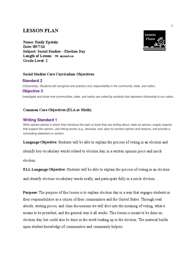 Election Day Lesson Plan for 2nd Grade | PDF | Vocabulary | Educational ...