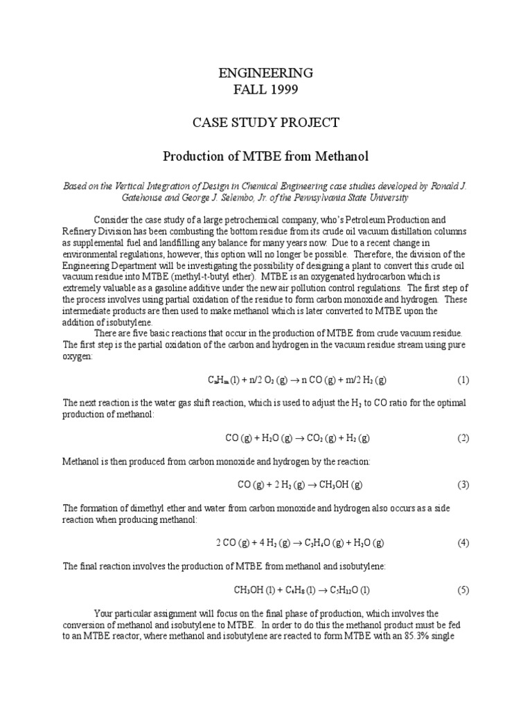 Engineering FALL 1999 Case Study Project Production of MTBE From ...