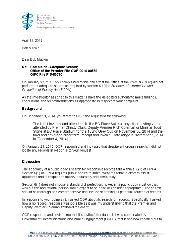 Findings OIPC April 11 | PDF | Government | Government Information