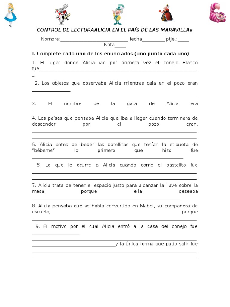 Prueba Alicia en El Pais de Las Maravillas | PDF | Las aventuras de ...