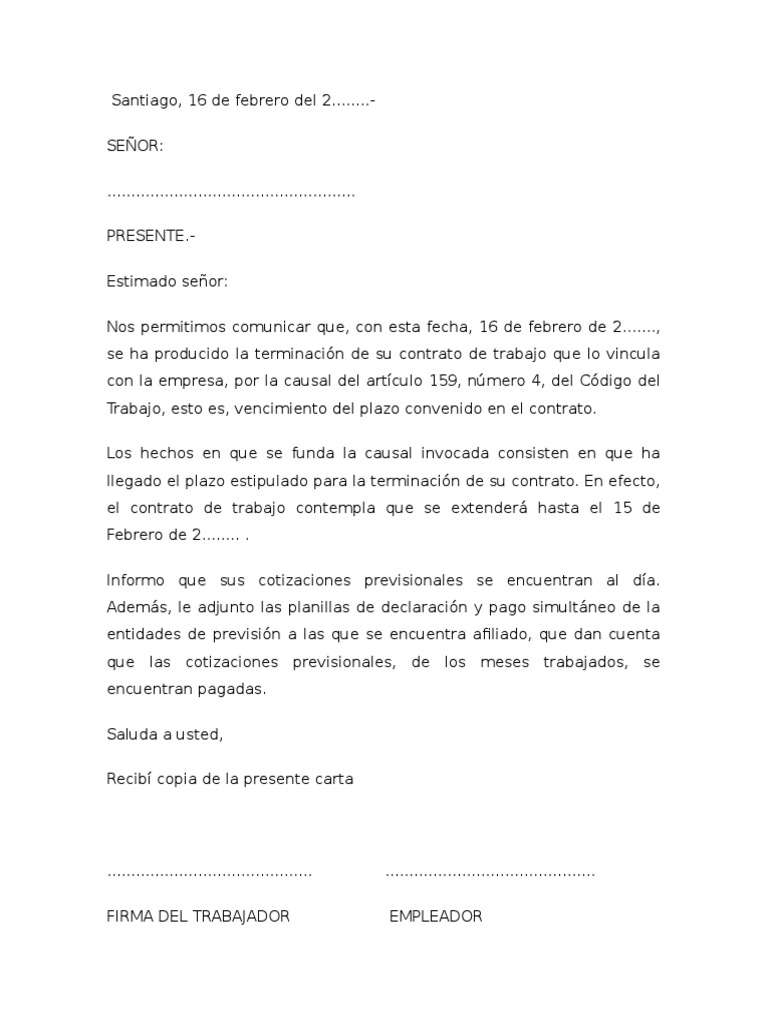 Aviso. Término de Contrato de Trabajo. Vencimiento Plazo Convenido | PDF