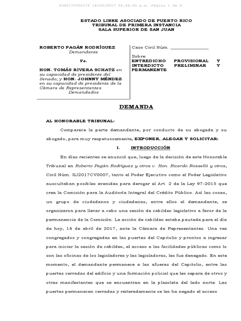 Documento: Demanda Roberto Pagán vs. Thomas Rivera y Johnny Méndez | PDF | Puerto Rico | Democracia