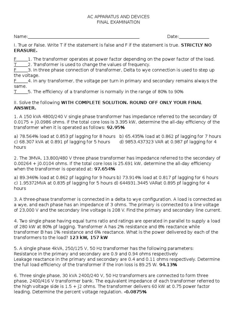 AC Apparatus Final Exam Solutions | PDF | Transformer | Electrical ...