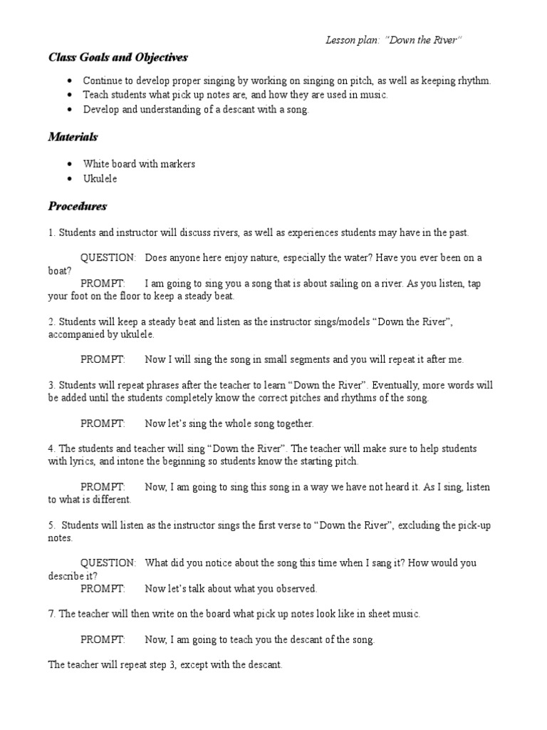 Down The River Lesson Plan | PDF | Lesson Plan | Singing
