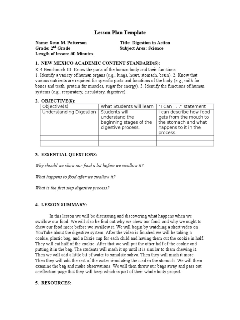 Lesson Plan The Digestive System Part 1 Sean M Patterson | PDF ...