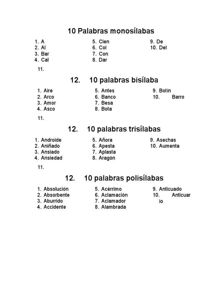 10 Ejemplos de Palabras Monosílabas | PDF | Cocina, comidas y vino ...