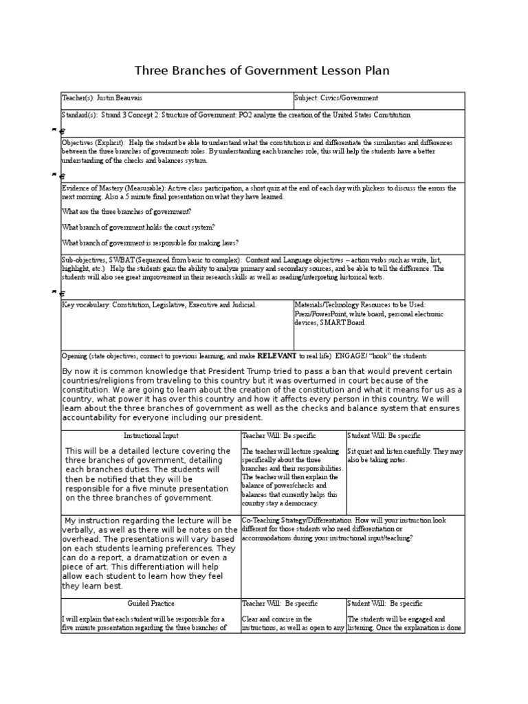 Three Branches of Government Lesson Plan | PDF | Career & Growth | Self ...