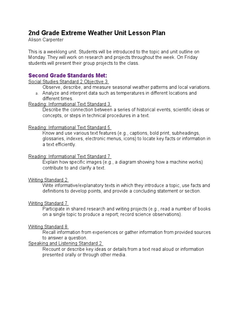 2nd Grade Extreme Weather Unit Lesson Plan | PDF | Lesson Plan ...
