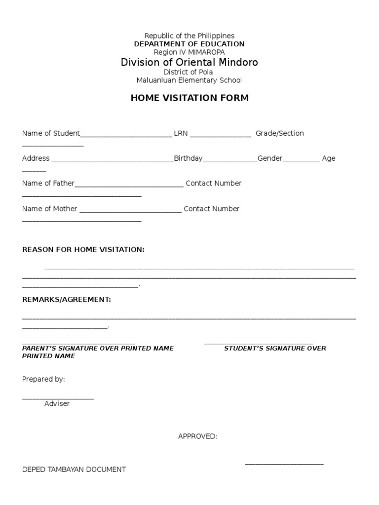 Home Visitation Form for Students | PDF | Wellness
