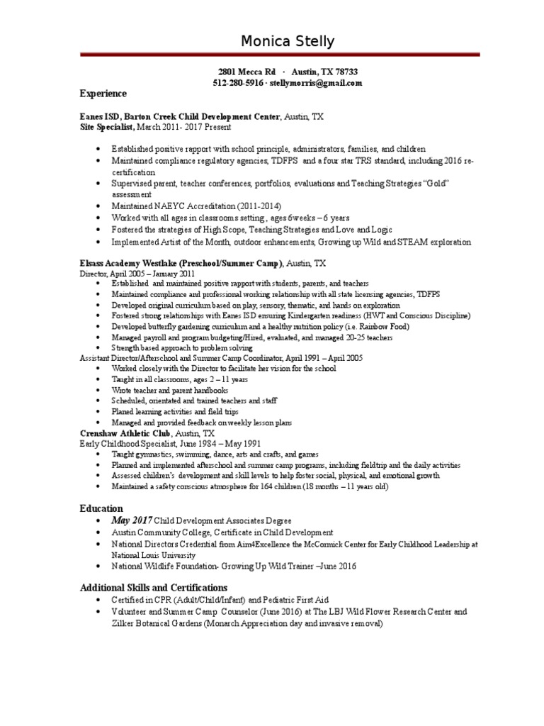 Monica Stelly Resume 2017 | PDF | Child Development | Relationships