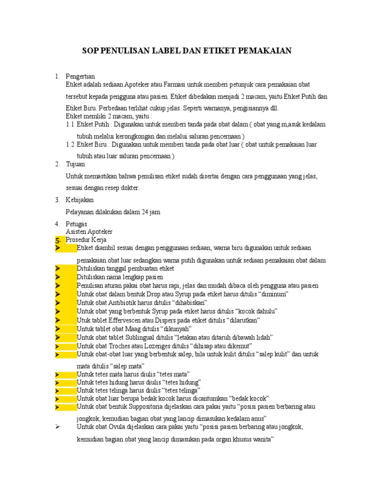 SOP Penulisan Label Dan Etiket Pemakaian | PDF
