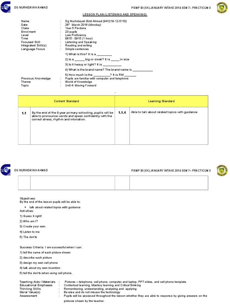 Listening and Speaking Year 5 | PDF | Lesson Plan | Teachers