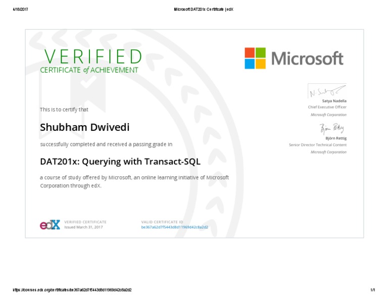 Microsoft Dat201x Certificate Edx | PDF | Computers