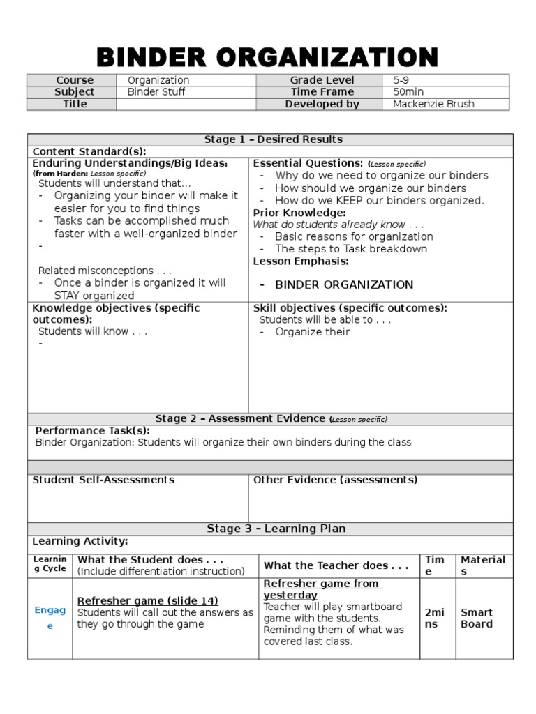 binder organization lesson plan | Educational Assessment | Lesson Plan