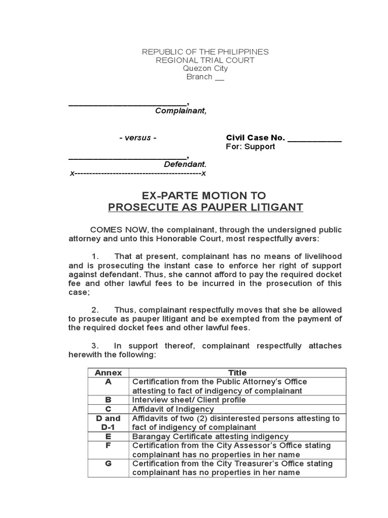 Template Ex-Parte Motion To Litigate As Pauper Litigant | PDF | Lawsuit | Lawyer