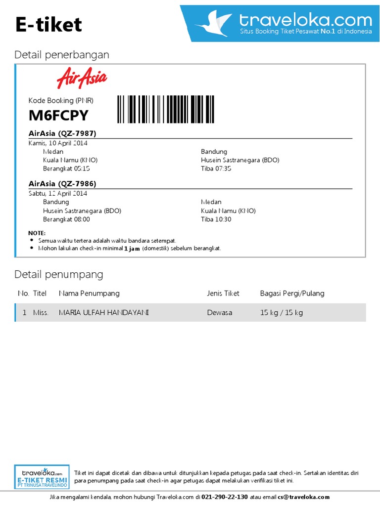 Contoh E-Tiket Pesawat AirAsia | PDF
