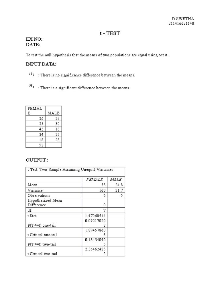 T - Test: Ex No: Date | PDF | Student's T Test | Statistical Inference