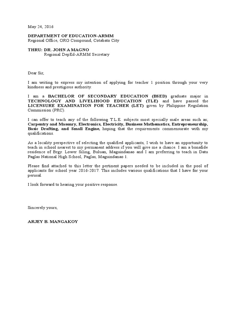 May 24,2016 Application Letter DepEd | PDF