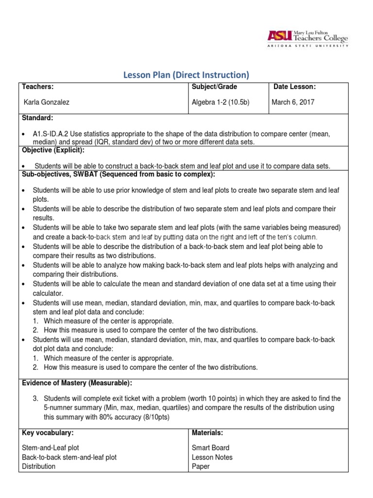 Back-to-Back Stem-and-Leaf Plot Lesson | PDF | Median | Lesson Plan