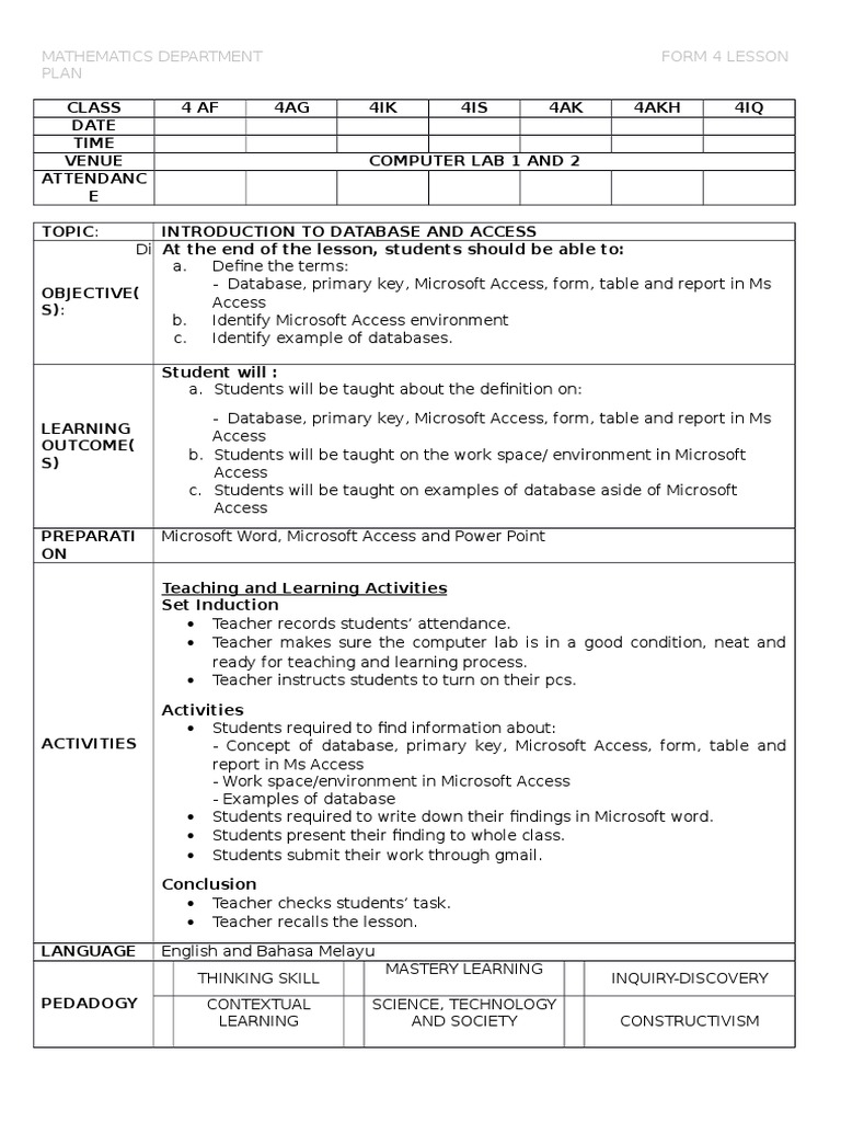 Lesson Plan Form 4 | PDF | Microsoft Access | Constructivism ...