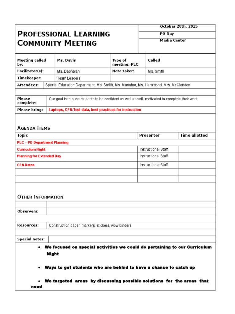 PLC Meeting Notes: Curriculum Planning | PDF | Special Education ...