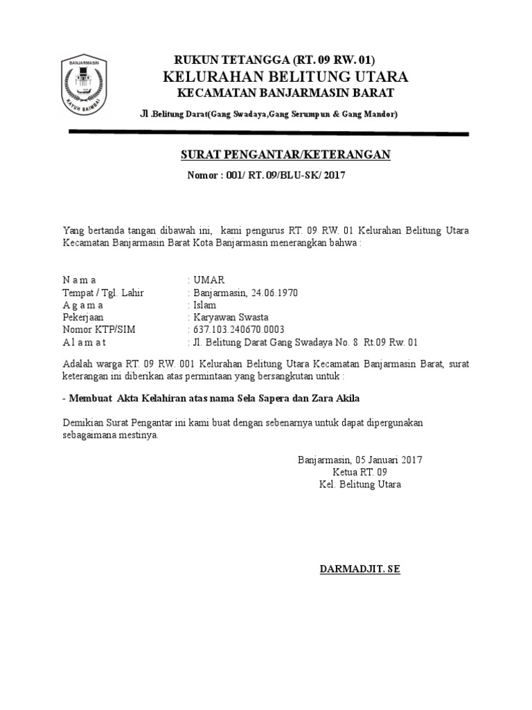 Surat Keterangan Warga RT.09 RW.01 | PDF
