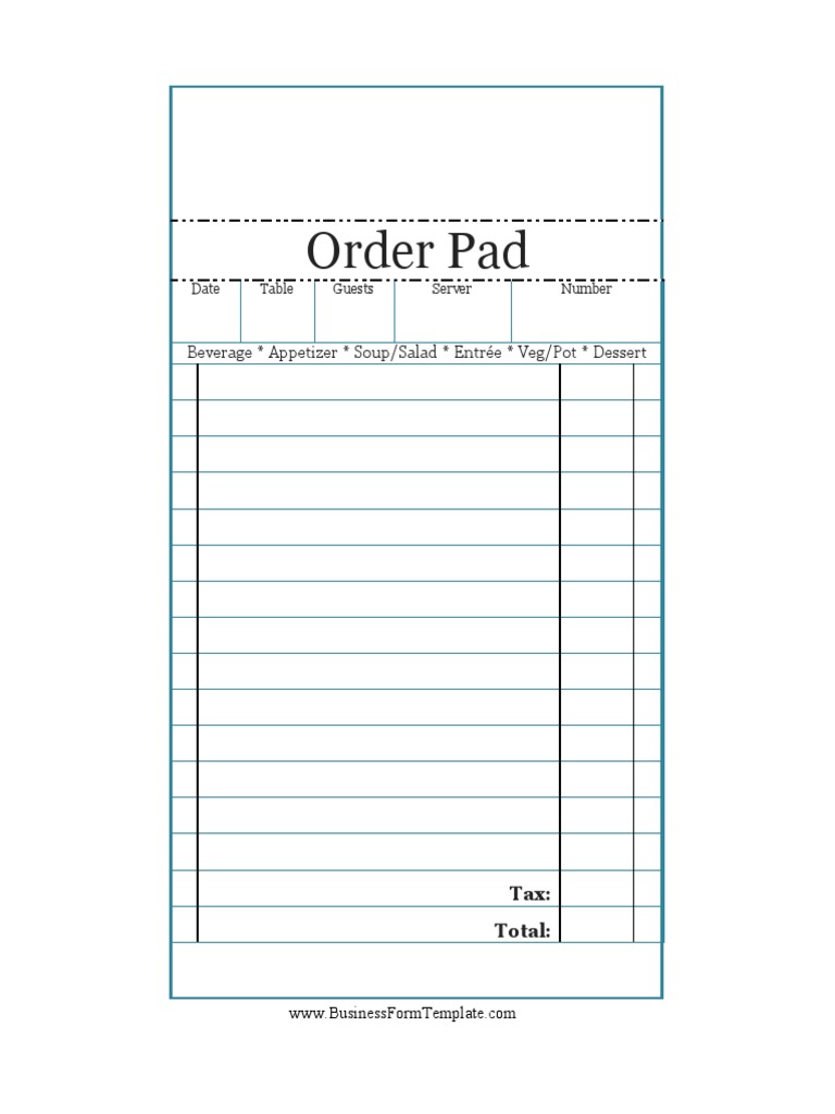 Order Pad: Beverage Appetizer Soup/Salad Entrée Veg/Pot Dessert | PDF