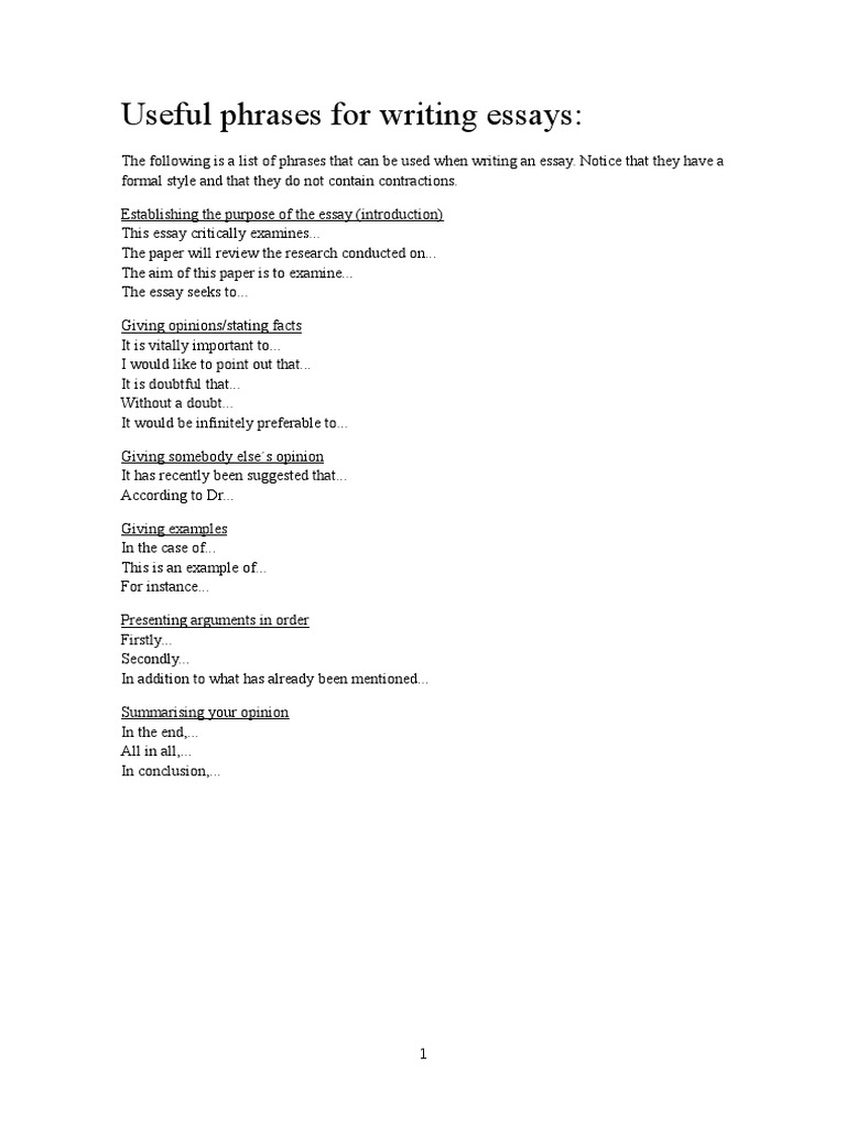 Useful Phrases for Writing Essays | Essays | Phrase