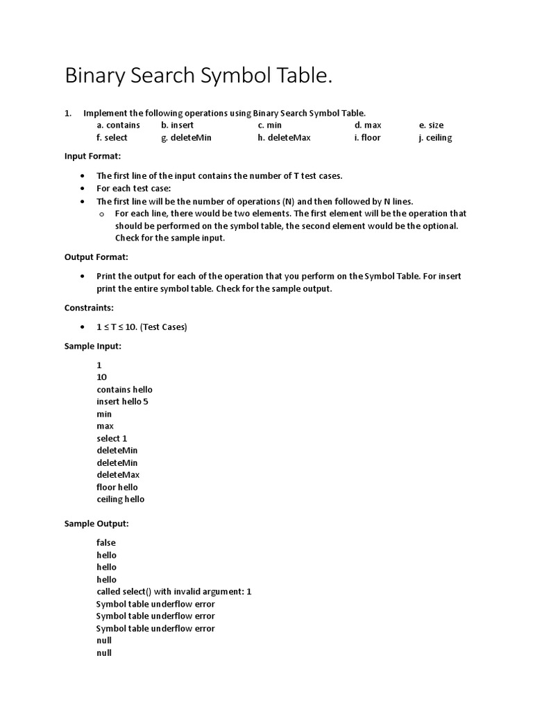 Binary Search Symbol Table.: Input Format | PDF