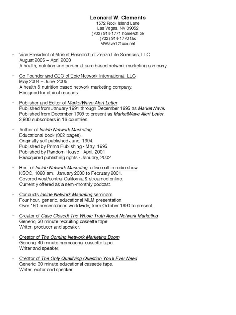 Len Clements - Resume | Download Free PDF | Multi Level Marketing ...
