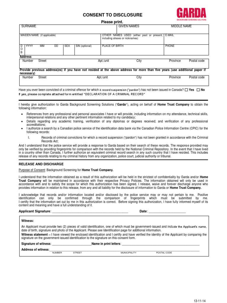 Garda Consent Form - Criminal Education and Reference Checks | PDF ...