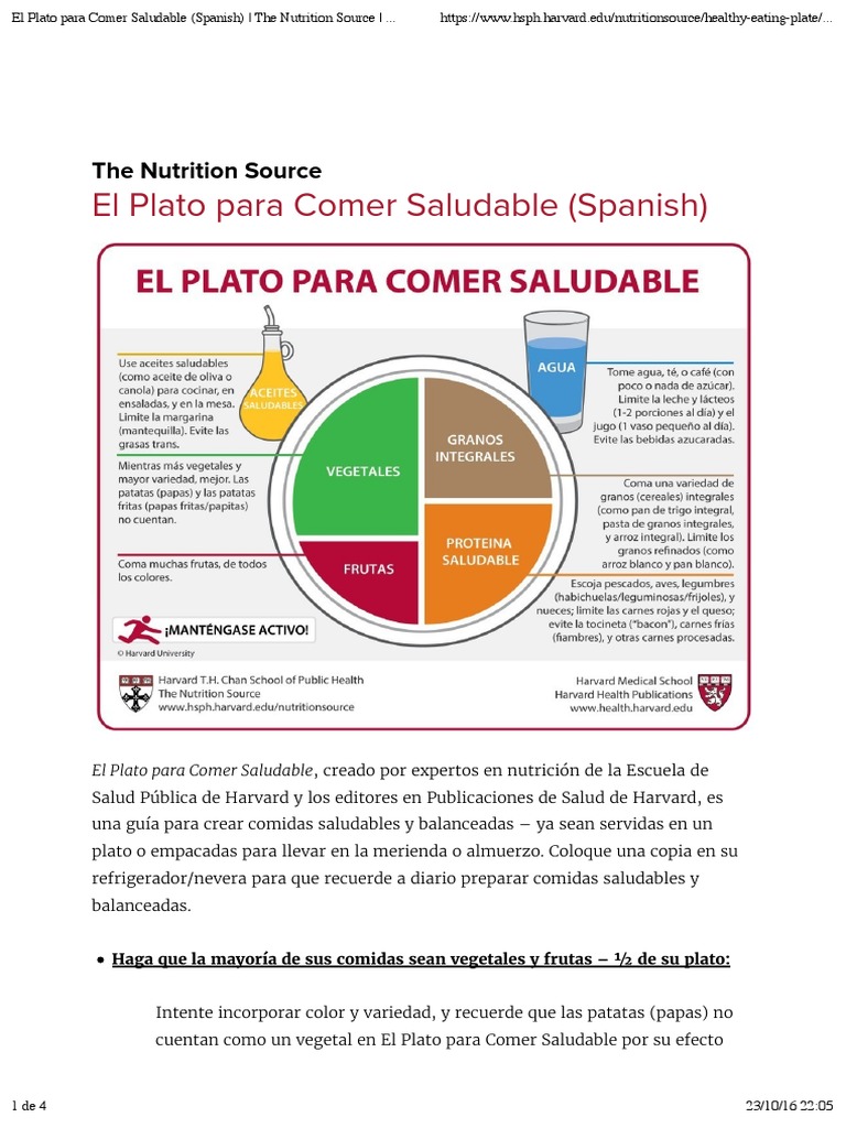 El Plato para Comer Saludable (Spanish) - The Nutrition Source ...