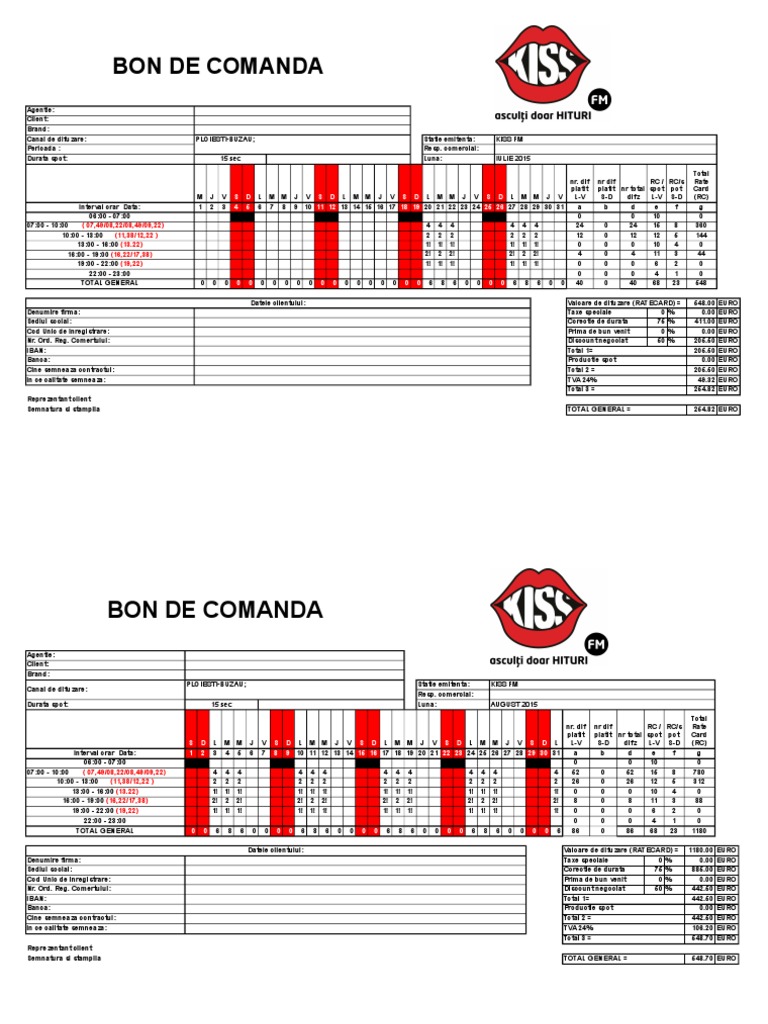 Bon de Comanda: Ploiesti-Buzau Kiss FM 15 Sec IULIE 2015 | PDF ...